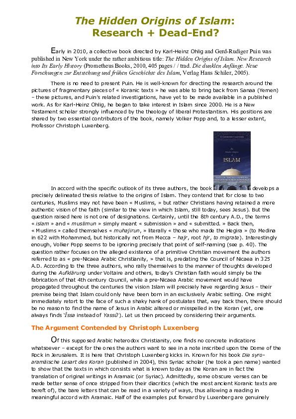 (PDF) The Hidden Origins of Islam : Research + Dead-End