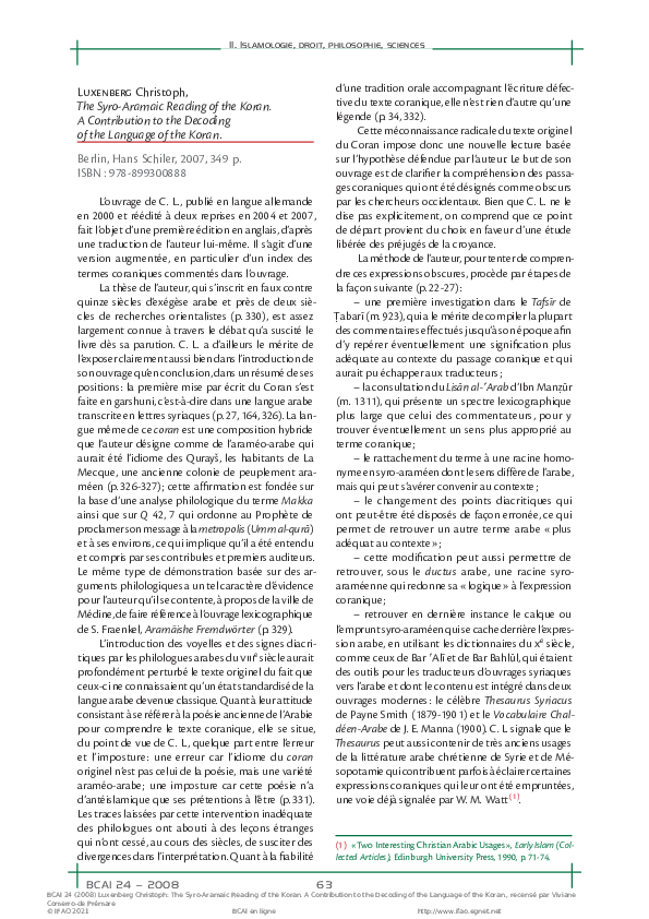 (PDF) The Syro-Aramaic Reading of the Koran: A Contribution to the ...