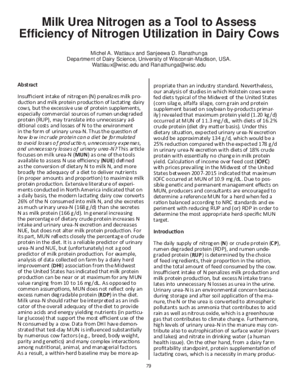 (PDF) Milk Urea Nitrogen as a Tool to Assess Effi ciency of Nitrogen ...
