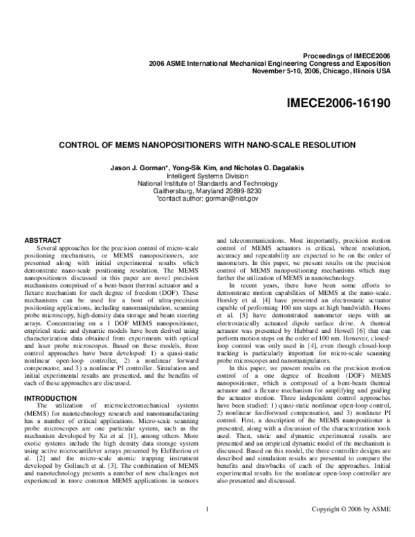 (PDF) Control of MEMS Nanopositioners With Nano-Scale Resolution