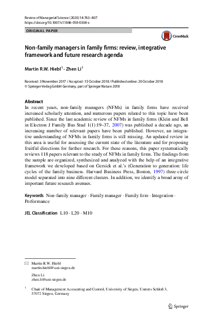 (PDF) Non-family managers in family firms: review, integrative ...