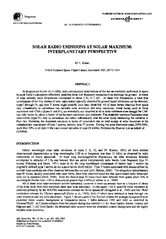 (PDF) Solar radio emissions at solar maximum: Interplanetary perspective