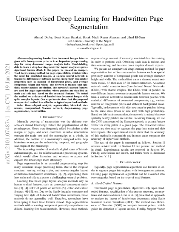 (PDF) Unsupervised Deep Learning for Handwritten Page Segmentation