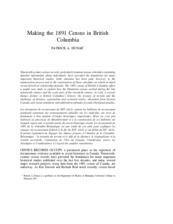 (PDF) Making the 1891 Census in British Columbia