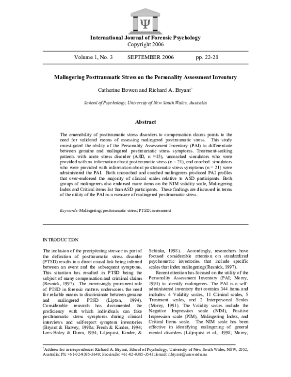 (PDF) Malingering Posttraumatic Stress on the Personality Assessment ...