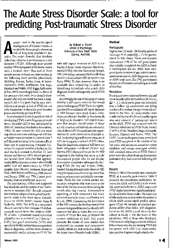 (PDF) The Acute Stress Disorder Scale: A Tool for Predicting Post ...