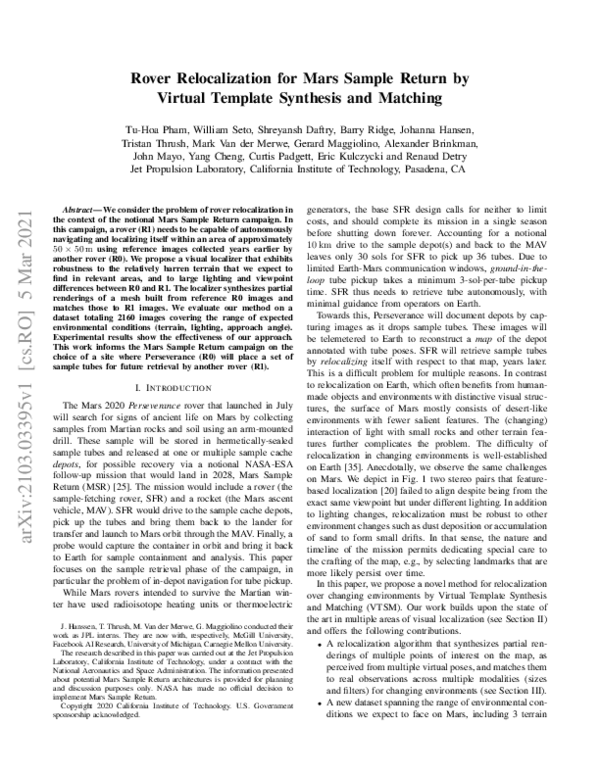 (PDF) Rover Relocalization for Mars Sample Return by Virtual Template ...