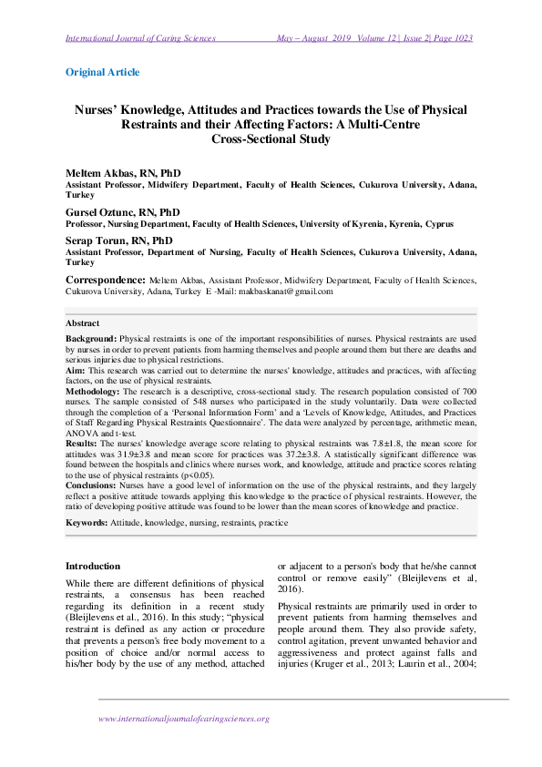 (PDF) Nurses’ Knowledge, Attitudes and Practices towards the Use of Physical Restraints and ...