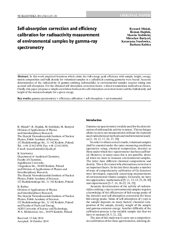 Pdf Self Absorption Correction And Efficiency Calibration For Radioactivity Measurement Of
