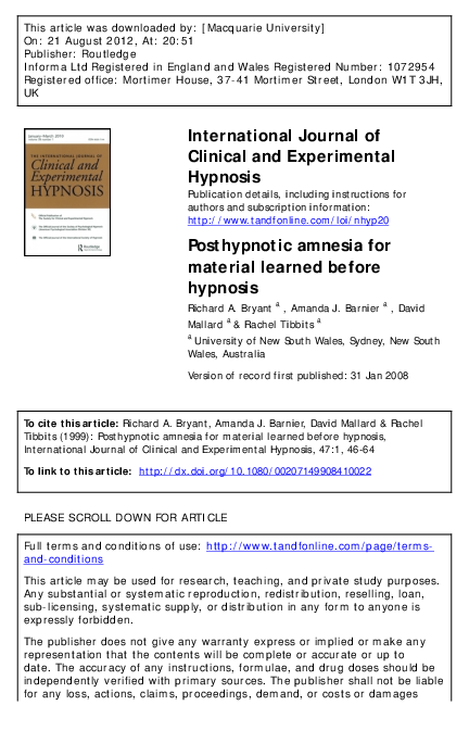 (PDF) Posthypnotic Amnesia for Material Learned Before or During Hypnosis: Explicit and Implicit ...
