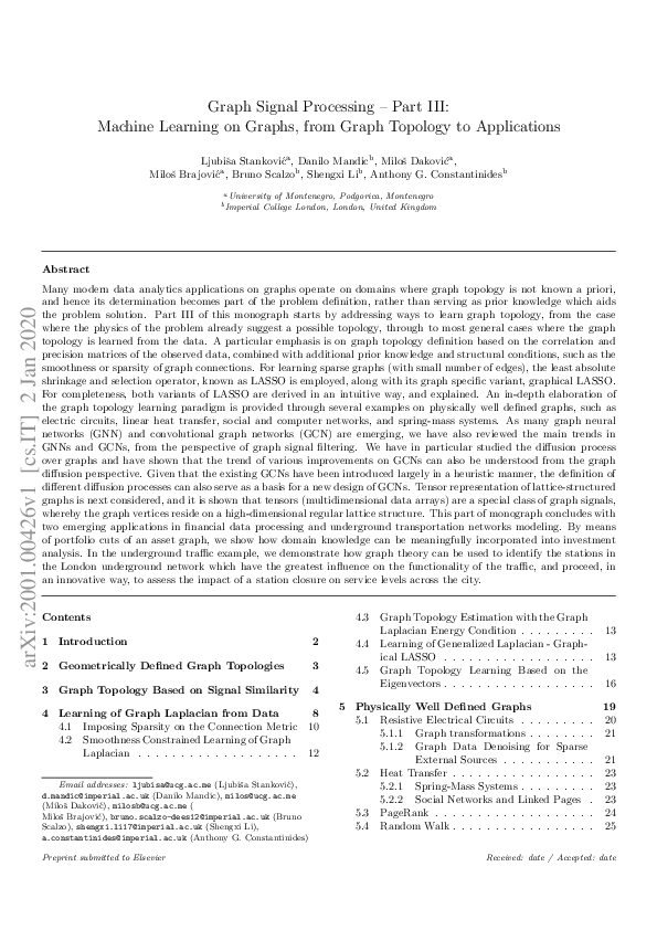 (PDF) Graph Signal Processing - Part III: Machine Learning on Graphs, from Graph Topology to ...