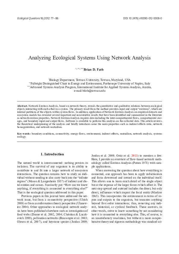 (PDF) Analyzing Ecological Systems Using Network Analysis
