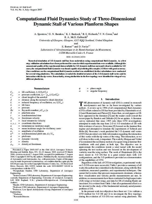 (PDF) Computational Fluid Dynamics Study of Three-Dimensional Dynamic Stall of Various Planform ...
