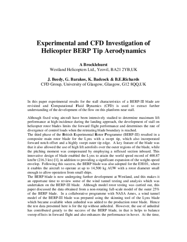 (PDF) Experimental and CFD Investigation of Helicopter BERP Tip ...