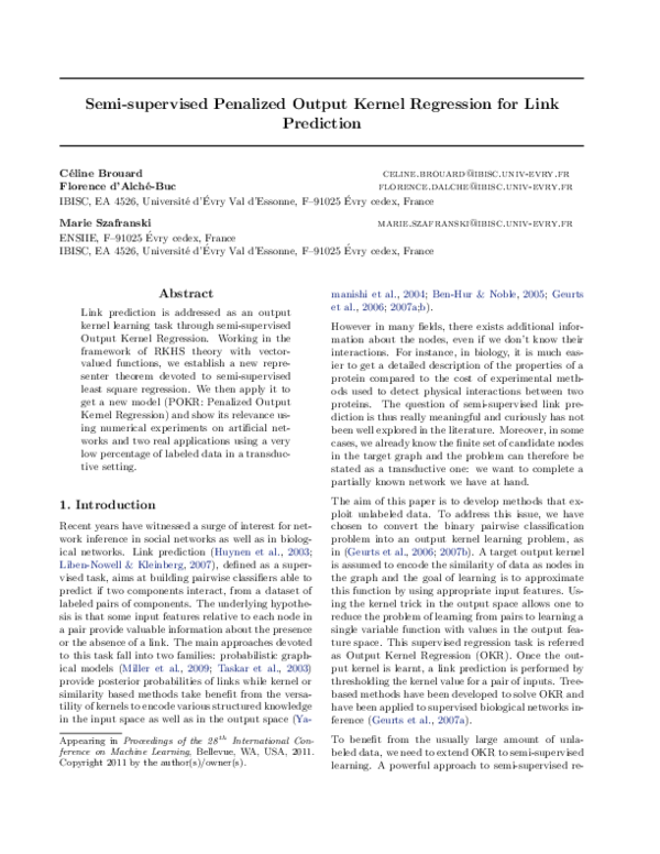 (PDF) Semi-supervised Penalized Output Kernel Regression for Link Prediction