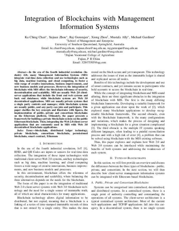 (PDF) Integration of Blockchains with Management Information Systems