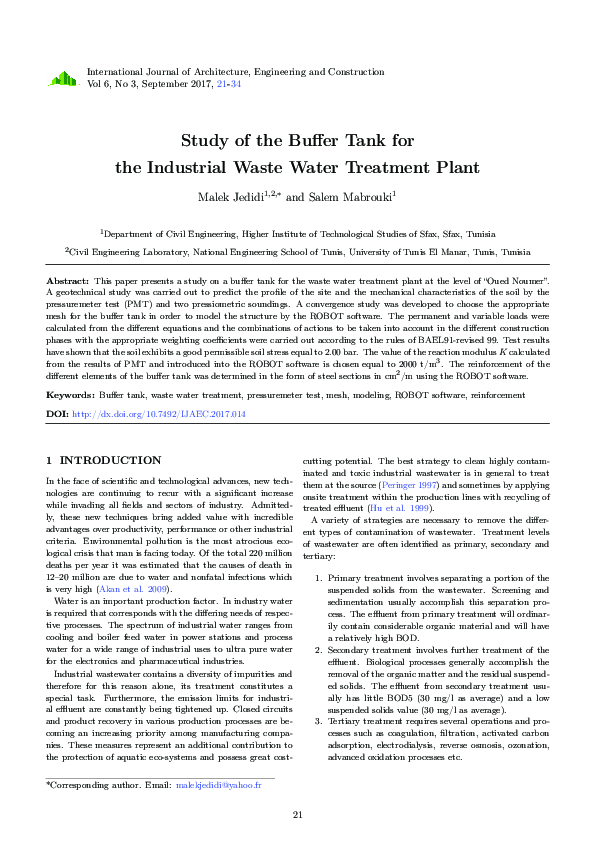 (PDF) Study of the Buffer Tank for the Industrial Waste Water Treatment ...