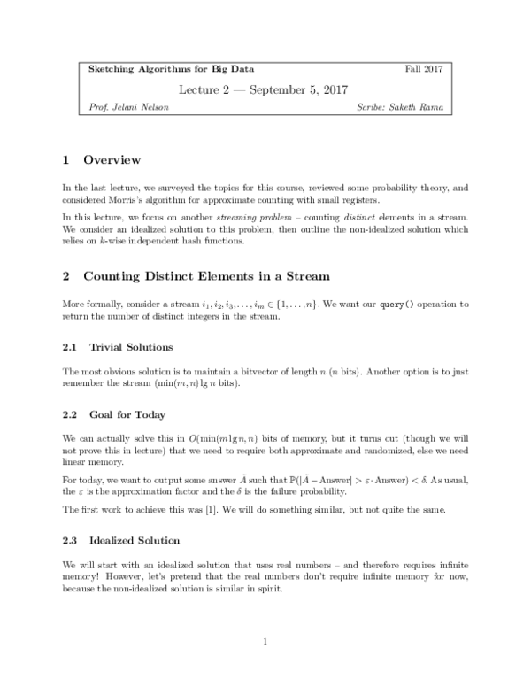 (PDF) Sketching Algorithms for Big Data Fall 2017 Lecture 2 — September 5