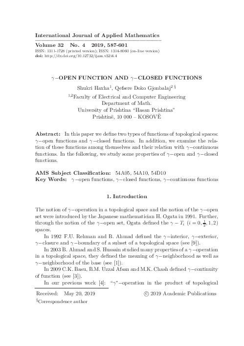 (PDF) Γ−open Function and Γ−closed Functions