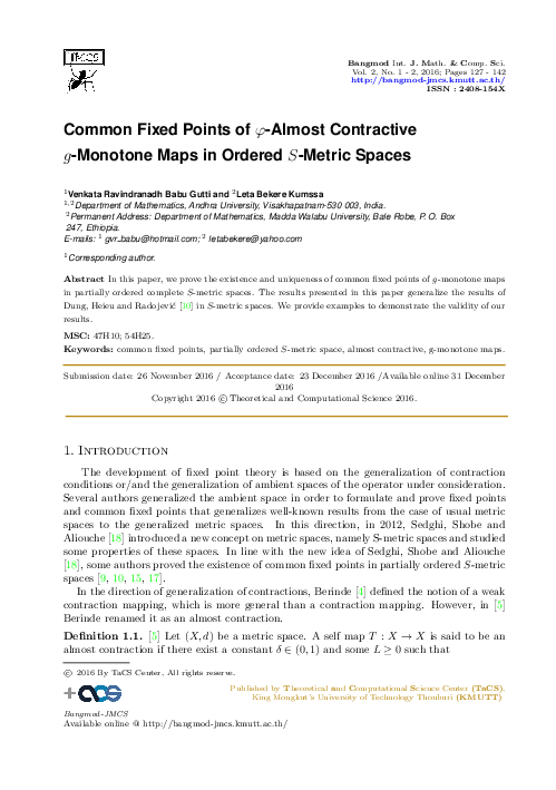 (PDF) Common Fixed Points of ϕ-Almost Contractive g-Monotone Maps in Ordered S-Metric Spaces