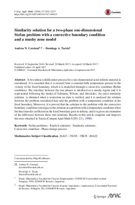Pdf Similarity Solution For A Two Phase One Dimensional Stefan Problem With A Convective