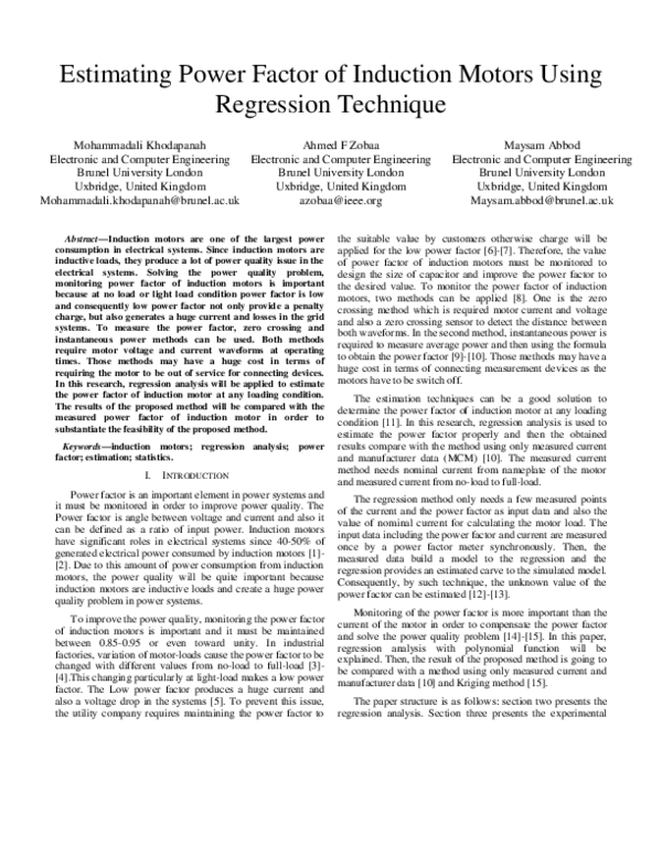 (PDF) Estimating power factor of induction motors using regression technique
