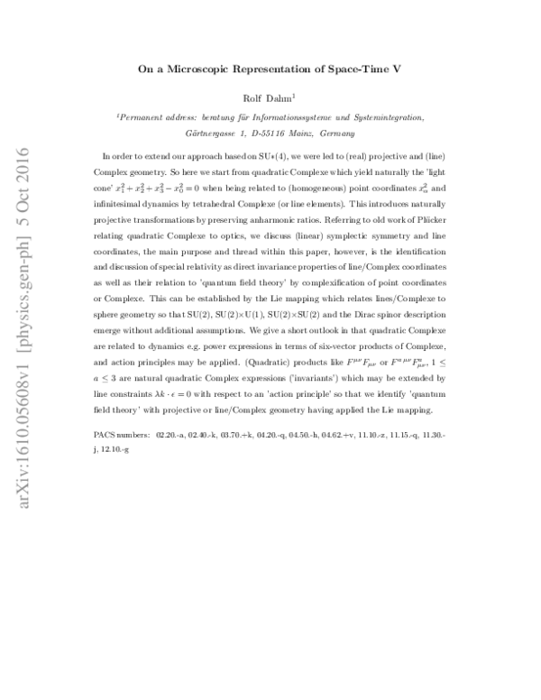 (PDF) On a Microscopic Representation of Space-Time V