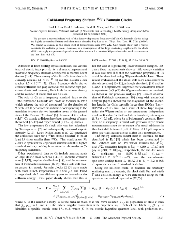 (PDF) Collisional Frequency Shifts in^{133} Cs Fountain Clocks