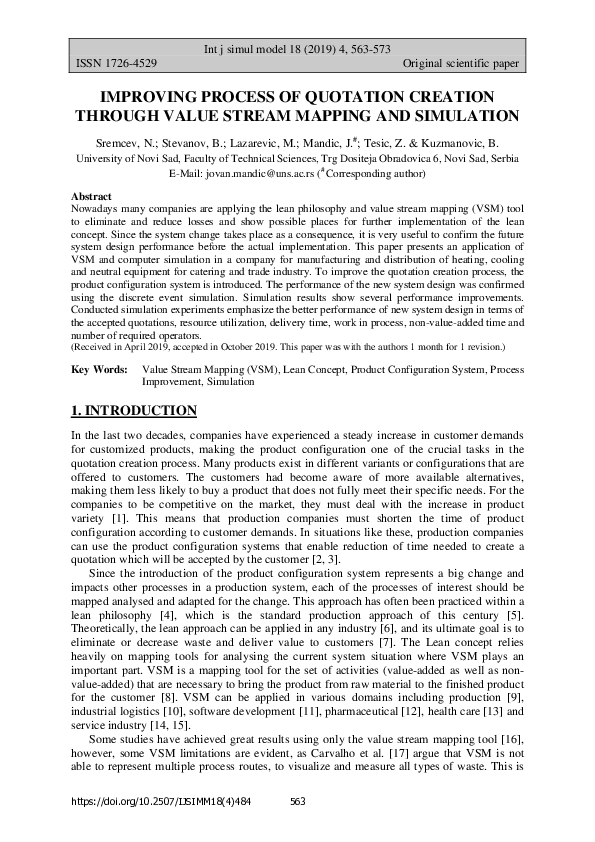 (PDF) Improving Process of Quotation Creation through Value Stream Mapping and Simulation