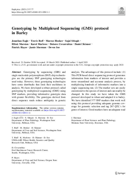 Pdf Genotyping By Multiplexed Sequencing Gms Protocol In Barley