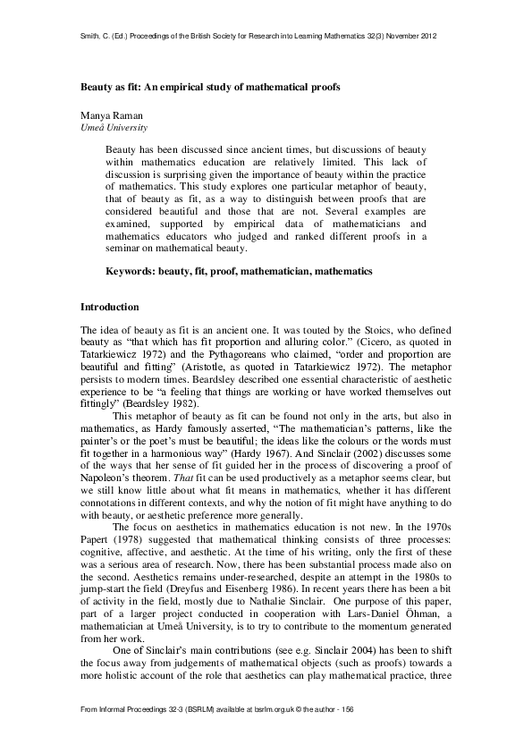 (PDF) Beauty as Fit : An Empirical Study of Mathematical Proofs