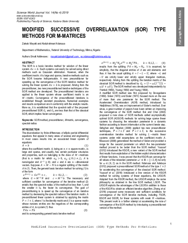 (PDF) Modified Successive Overrelaxation (Sor) Type Methods for M-Matrices