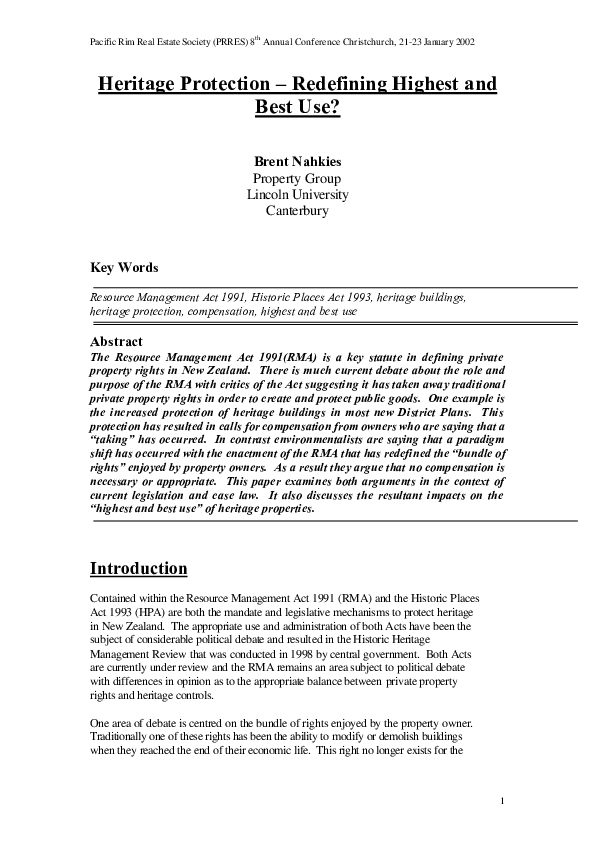 (PDF) Heritage Protection - Redefining Highest and Best Use?