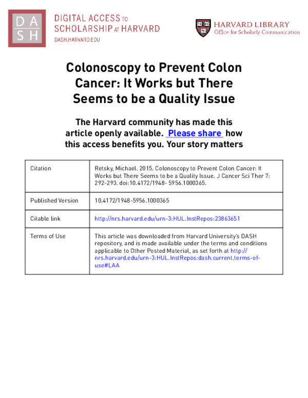 (PDF) Colonoscopy to Prevent Colon Cancer: It Works but There Seems to be a Quality Issue