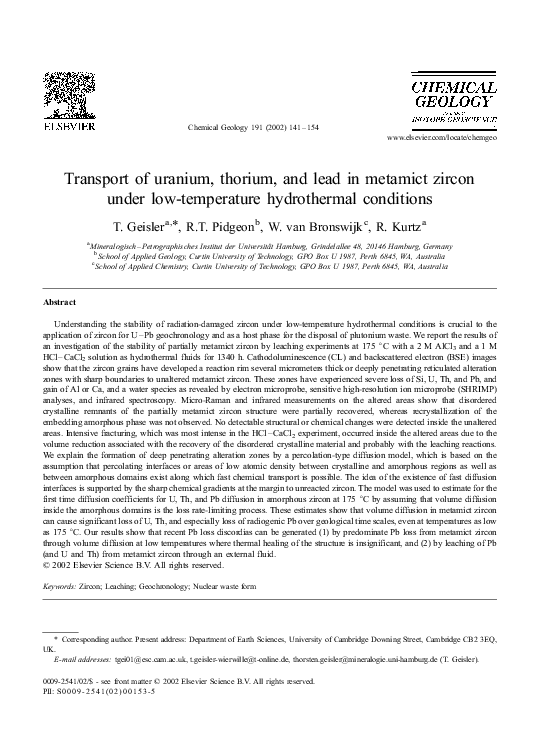 (PDF) Transport of uranium, thorium, and lead in metamict zircon under ...