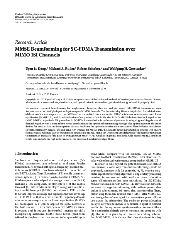 (PDF) MMSE Beamforming for SC-FDMA Transmission over MIMO ISI Channels with Linear Equalization ...
