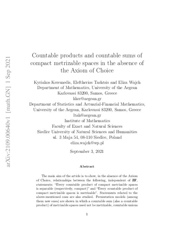(PDF) Countable products and countable sums of compact metrizable spaces in the absence of the ...