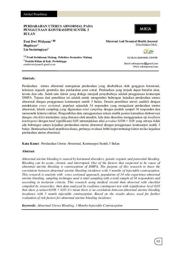 (PDF) Perdarahan Uterus Abnormal Pada Penggunaan Kontrasepsi Suntik 3 Bulan