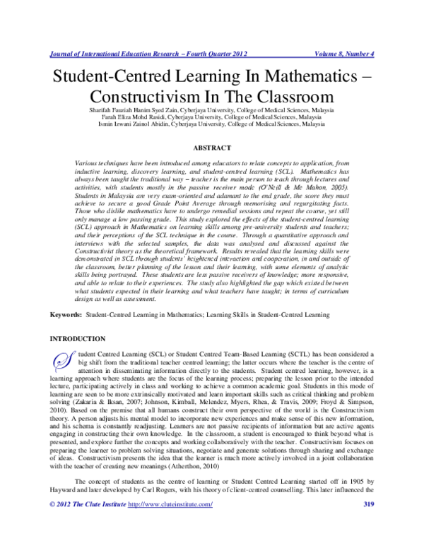 (PDF) Student-Centred Learning In Mathematics Constructivism In The ...