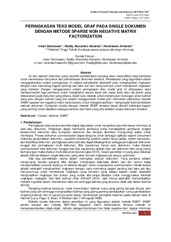 Pdf Peringkasan Teks Model Graf Pada Single Dokumen Dengan Metode Sparse Non Negative Matrix