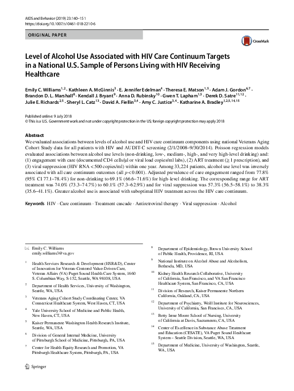 (PDF) Level of Alcohol Use Associated with HIV Care Continuum Targets ...