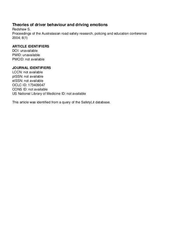 (PDF) Theories of Driver Behaviour and Driving Emotions