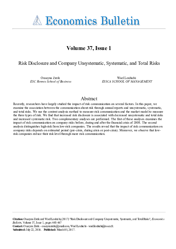 (PDF) Risk Disclosure and Company Unsystematic, Systematic, and Total Risks