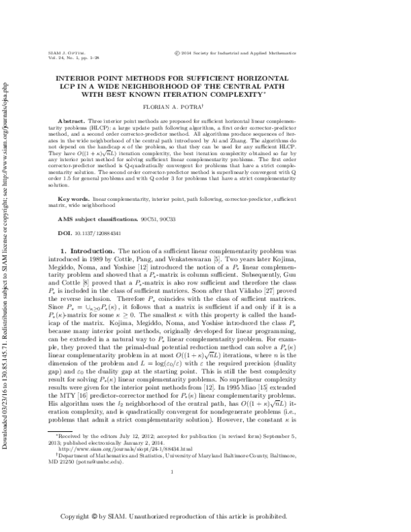 (PDF) Interior Point Methods for Sufficient Horizontal LCP in a Wide Neighborhood of the Central ...