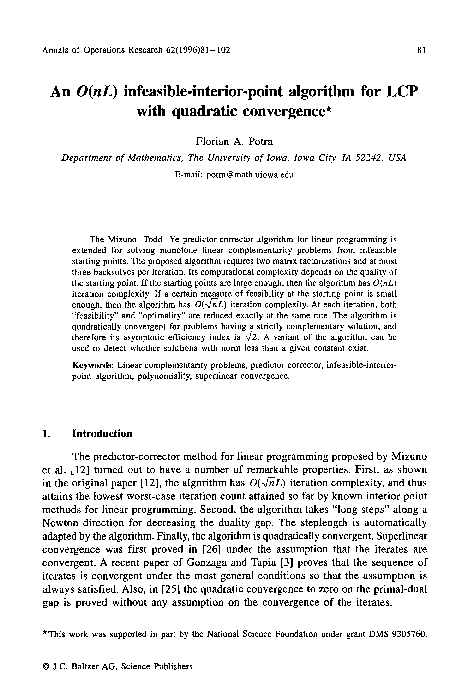 (PDF) AnO(nL) infeasible-interior-point algorithm for LCP with quadratic convergence
