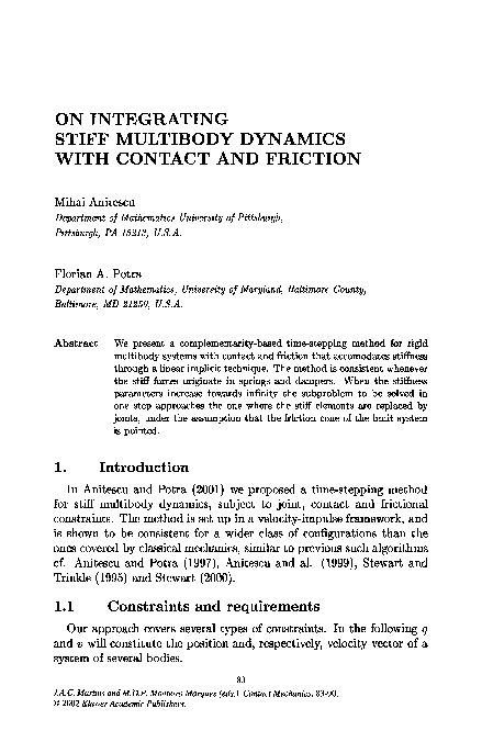 (PDF) On Integrating Stiff Multibody Dynamics with Contact and Friction