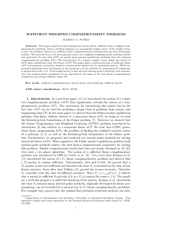 (PDF) Sufficient weighted complementarity problems | Florian Potra - Academia.edu