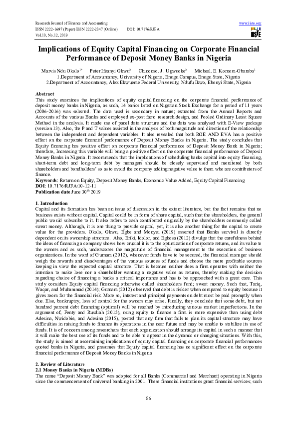 (PDF) Implications of Equity Capital Financing on Corporate Financial Performance of Deposit ...
