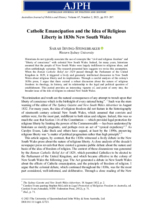 (PDF) Catholic Emancipation and the Idea of Religious Liberty in 1830s ...