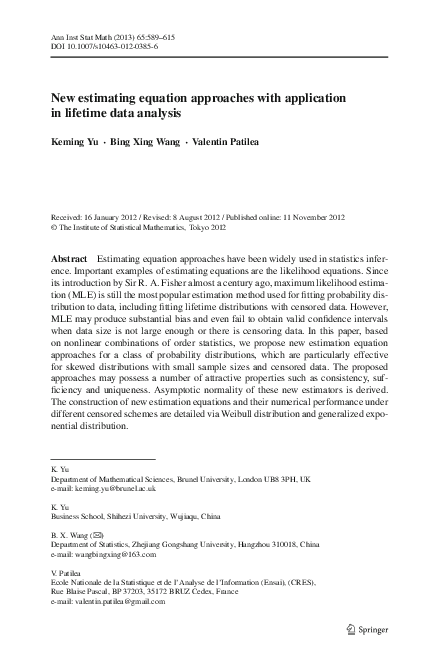 Pdf New Estimating Equation Approaches With Application In Lifetime